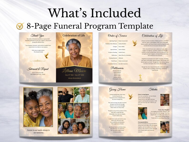 Gold Celebration of Life Funeral Program Template | Editable Canva ...
