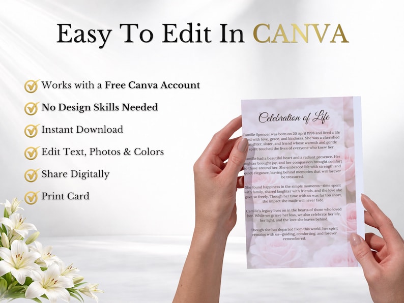 Editable Funeral Program Template Canva, Pink Rose Obituary Template ...