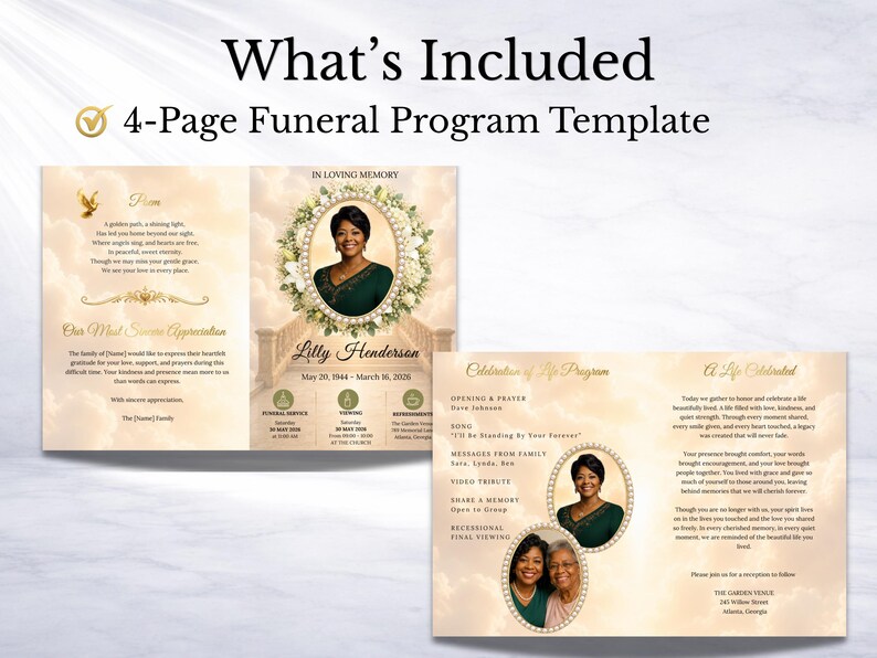 Editable Funeral Program Template | Gold Green Floral Celebration of ...