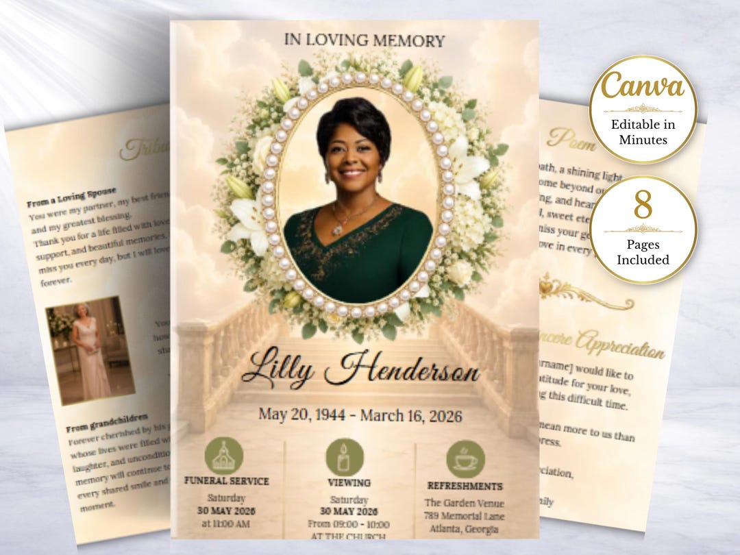 Editable Funeral Program Template | Gold Green Floral Celebration of ...