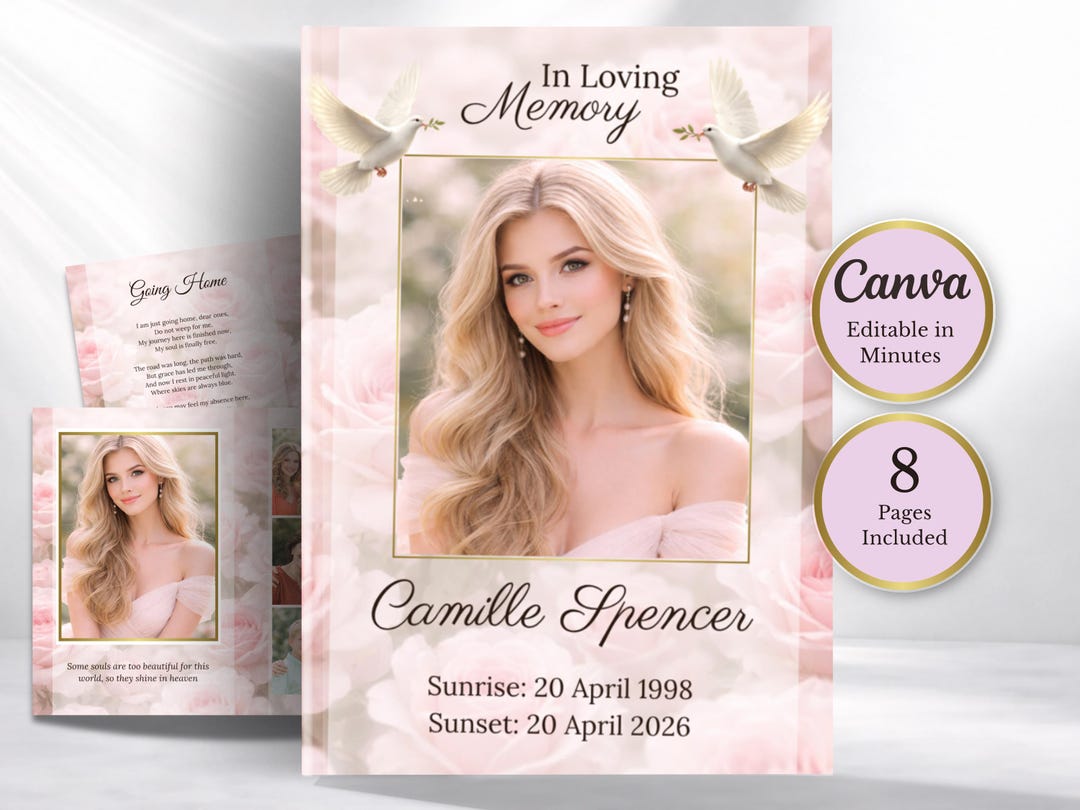 Editable Funeral Program Template Canva, Pink Rose Obituary Template ...
