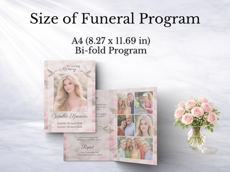 Editable Funeral Program Template Canva, Pink Rose Obituary Template ...