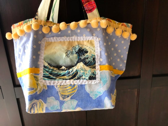 Whimsy Market Bag Mount Fuji Pom Pom Shells Wood Bottom Strong - Etsy
