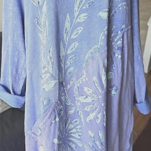 Napoli Periwinkle Tunic Cotton Linen Leaf Print Diagonal Seam ...