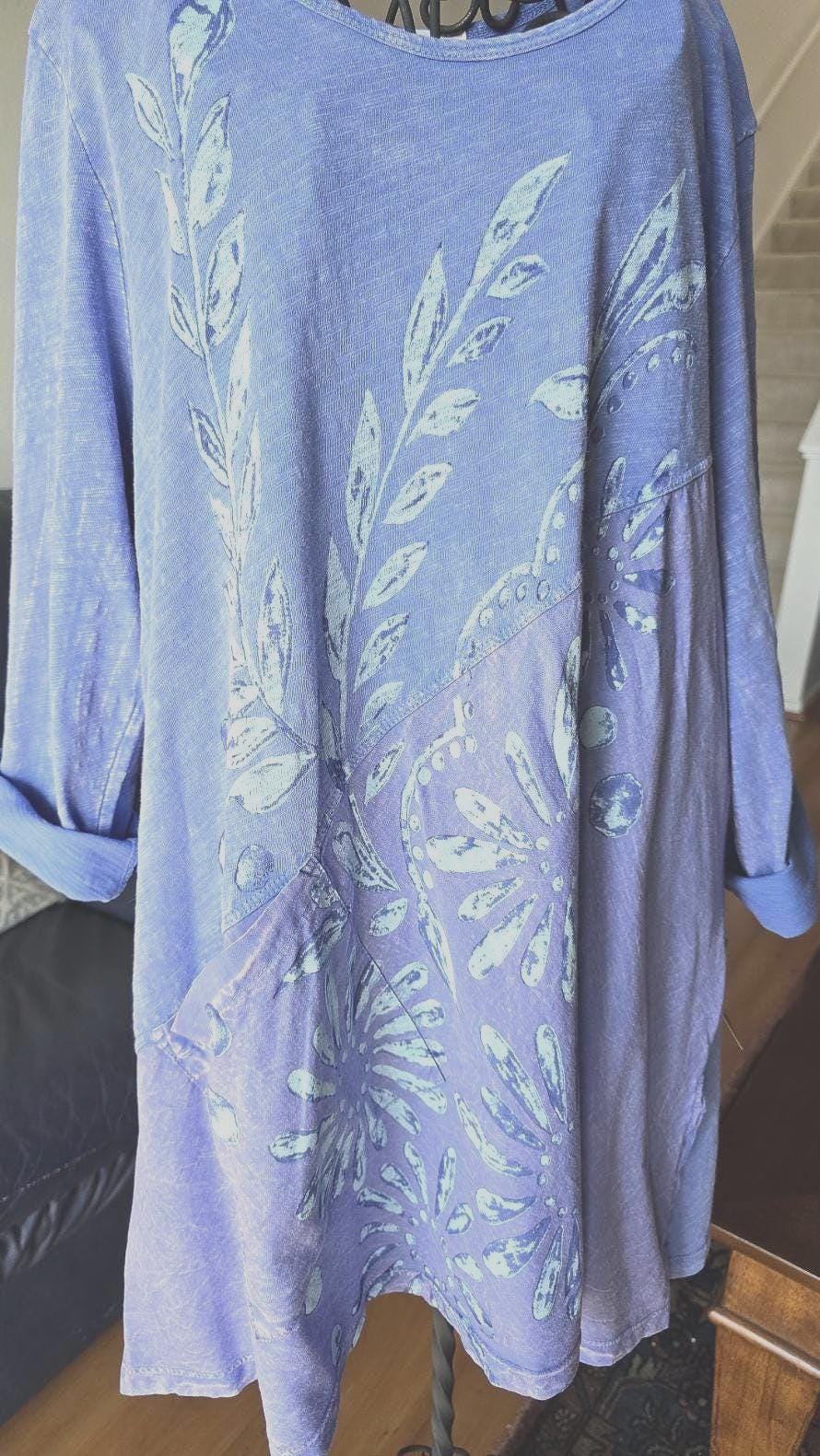 Napoli Periwinkle Tunic Cotton Linen Leaf Print Diagonal Seam ...