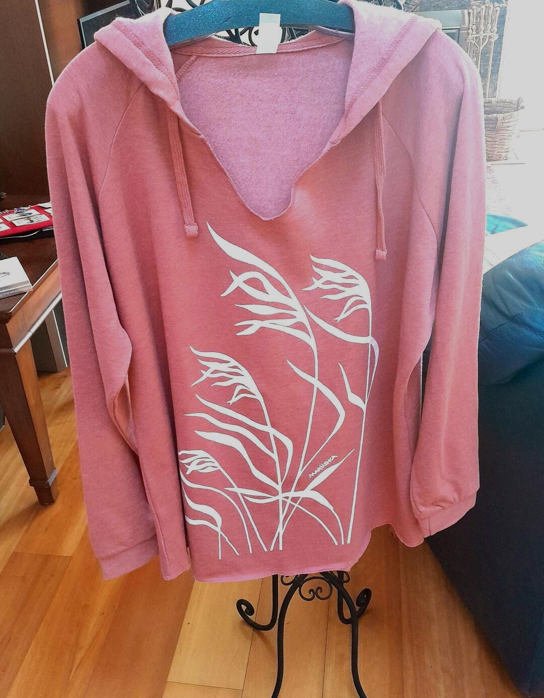 Rosy Brick Hoodie by Marushka – Beach Grass Print, Notch Neck Fleece, Lightweight Pullover. - Etsy