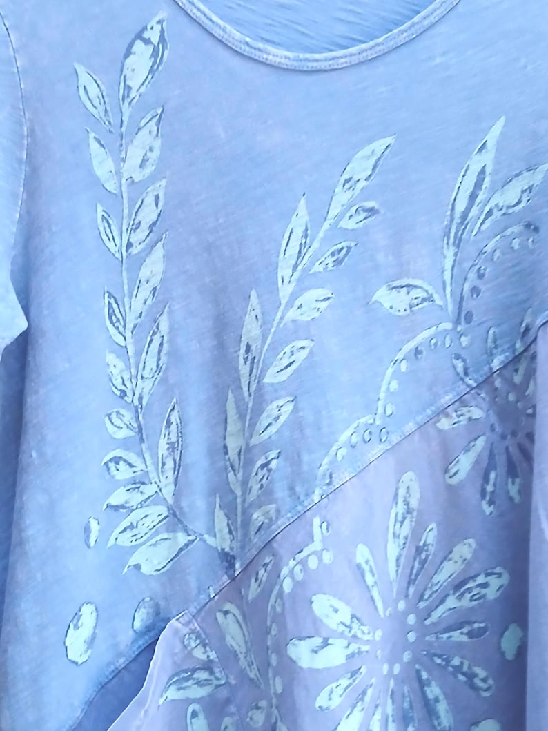 Napoli Periwinkle Tunic Cotton Linen Leaf Print Diagonal Seam ...