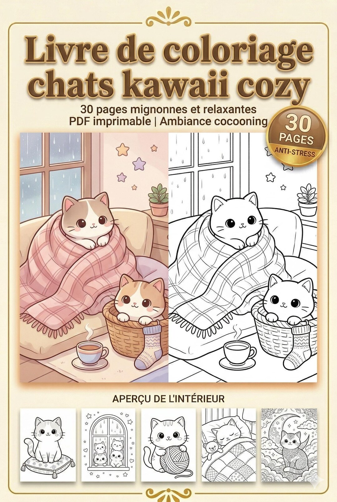 Kawaii Cat Coloring Book, Cute Cat Coloring Pages, Printable PDF ...