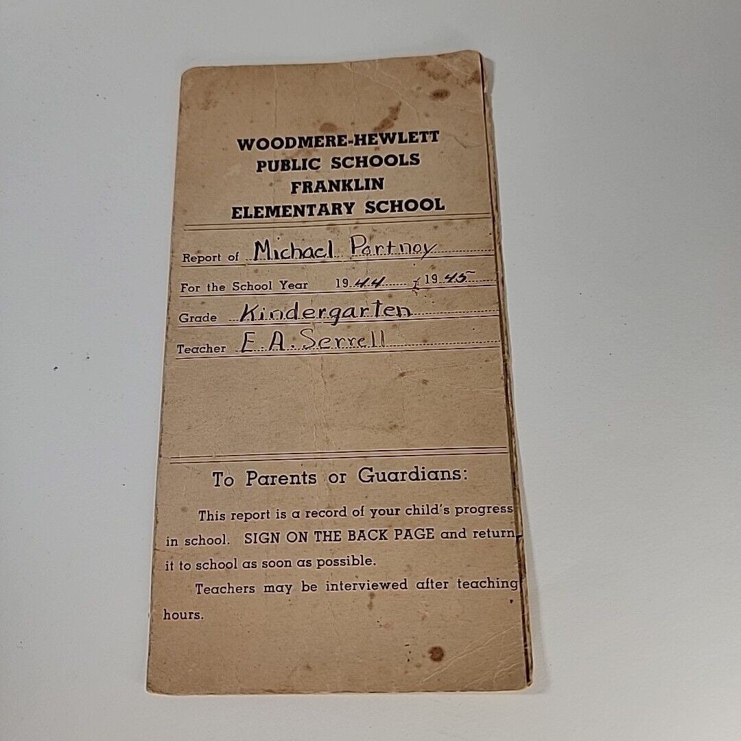 Vintage 1944 1945 Report Card Kindergarten Woodmere Hewlett NY Franklin ...