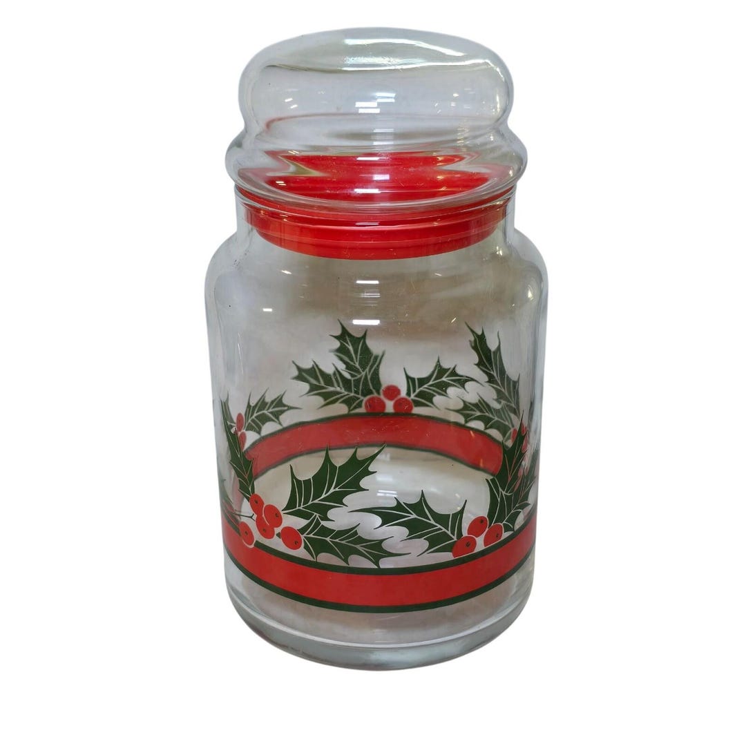 Vintage Libbey Holly Berry Christmas Candy Jar Clear Glass Canister Red ...