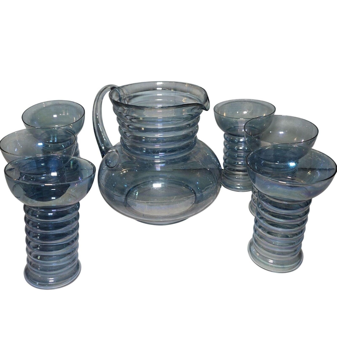 Dunbar Glass Aramis Rings Pitcher Glasses Set Iridescent Blue Carnival ...