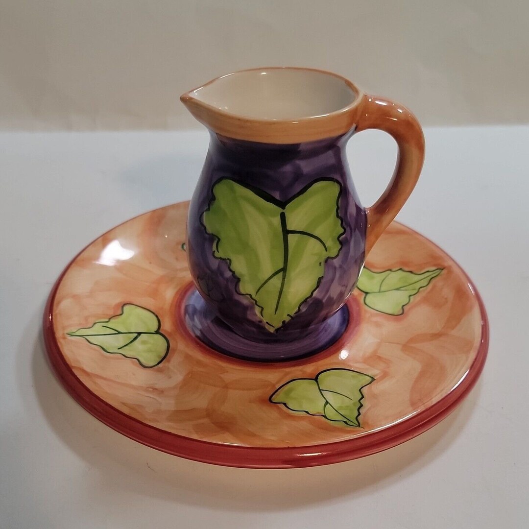 New Zealand Studio Ceramics Pitcher Dish Plate Saucer Leaf Green Peach ...