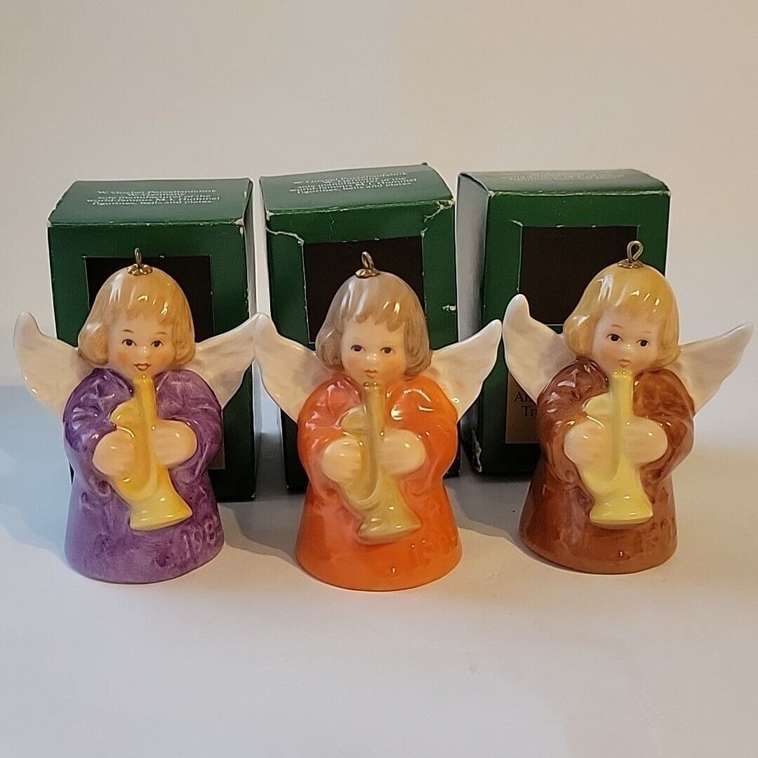 Vintage Goebel Angel Bell Christmas Tree Ornaments 1985 Orange Brown ...