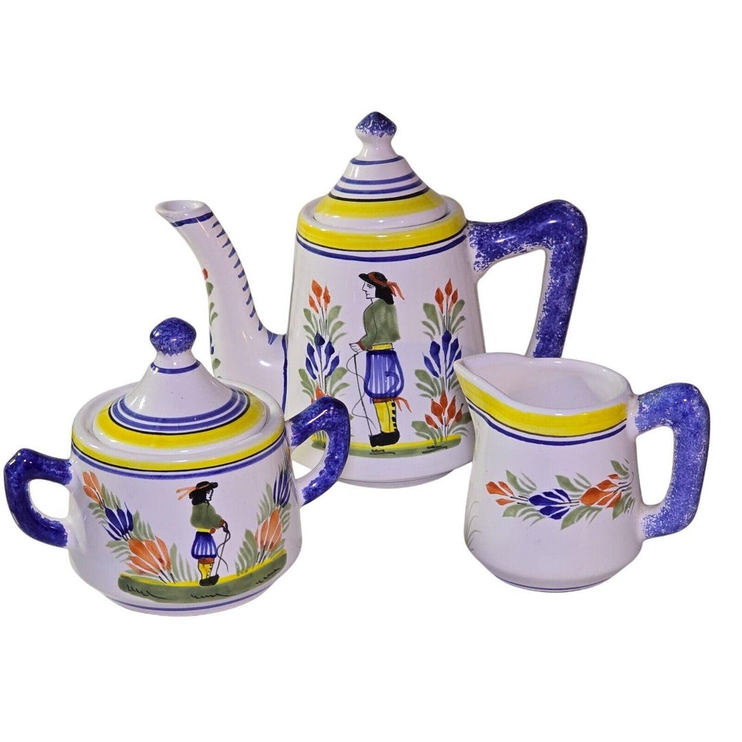 Vintage Henriot Quimper Faience Teapot Creamer Lidded Sugar Bowl France ...