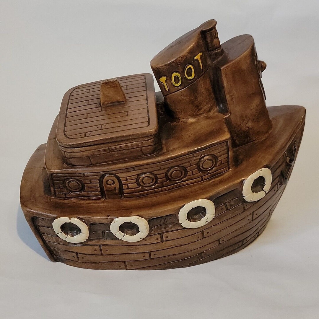 Vintage Tugboat Cookie Jar Treasure Craft Brown Ceramic Happy Toot Toot ...