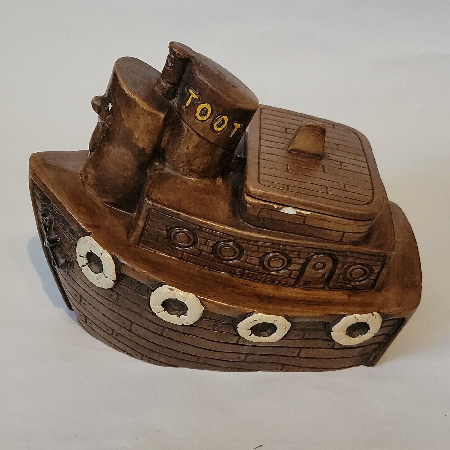 Vintage Tugboat Cookie Jar Treasure Craft Brown Ceramic Happy Toot Toot ...