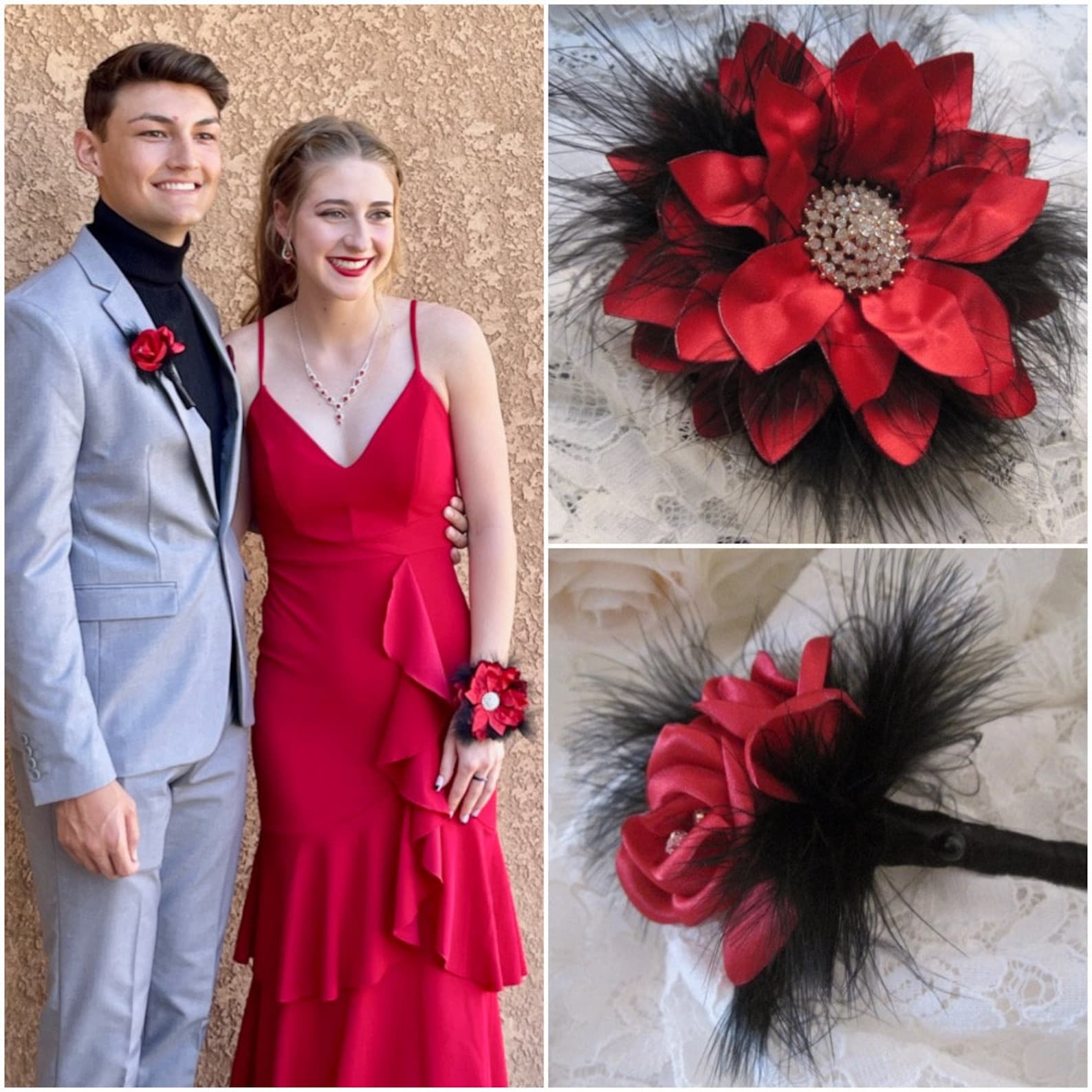 Red Satin Corsage & Boutonniere Set: Feather Rhinestone Prom Flowers - Etsy