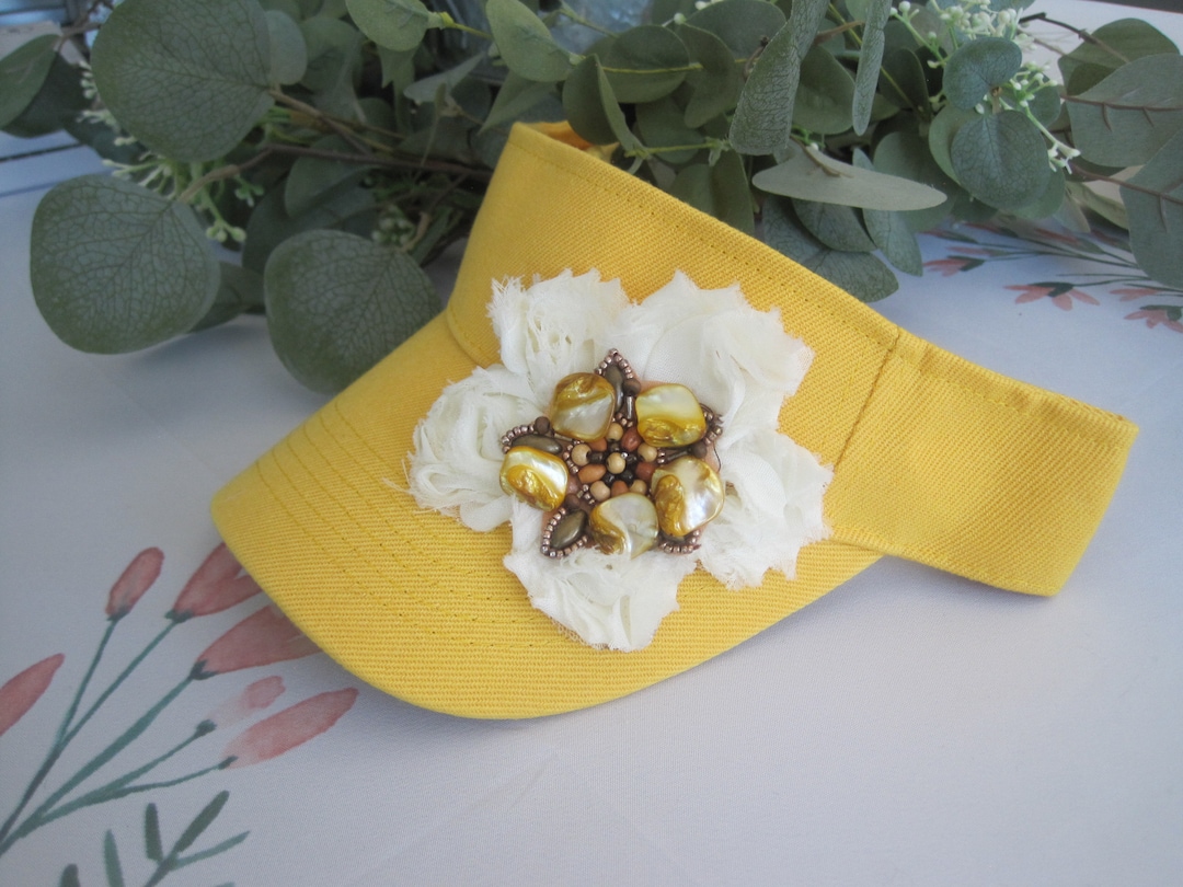 Yellow Sun Visor: Beaded Shell Flower Accent, Women's Summer Hat - Etsy