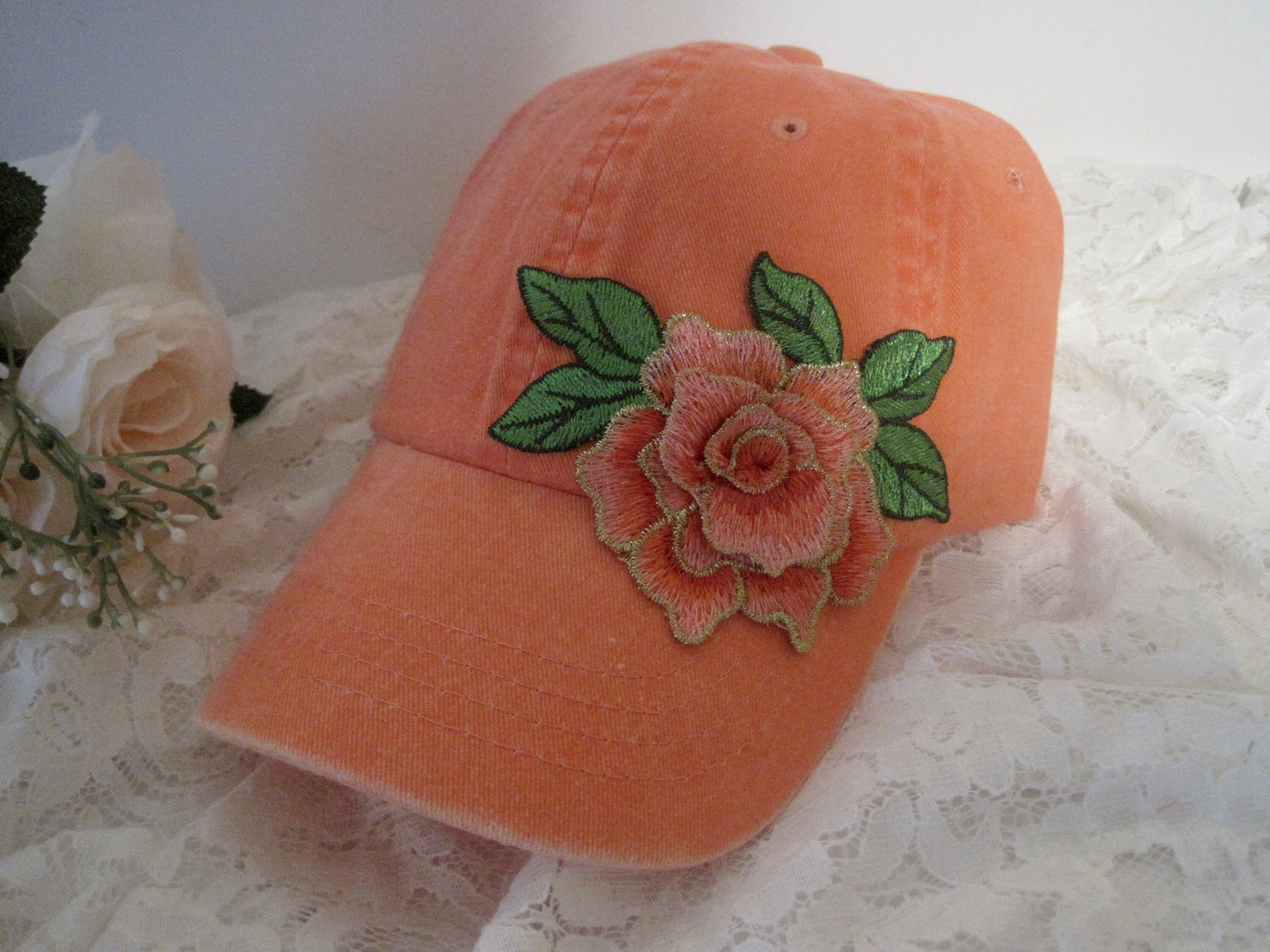 Youth Toddler Peach Baseball Cap with Peach Embroidered Rose | Etsy