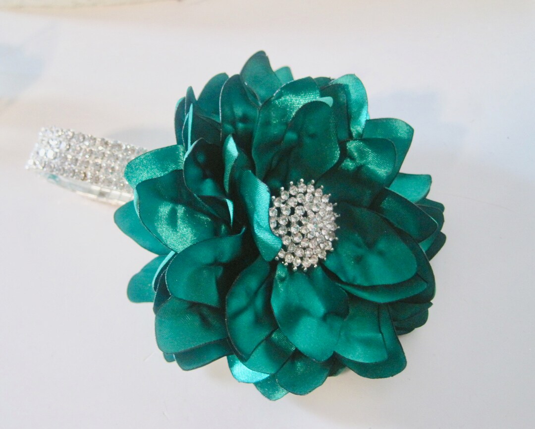 Emerald Green Satin Wrist Corsage: Rhinestone Bracelet, Prom, Wedding ...