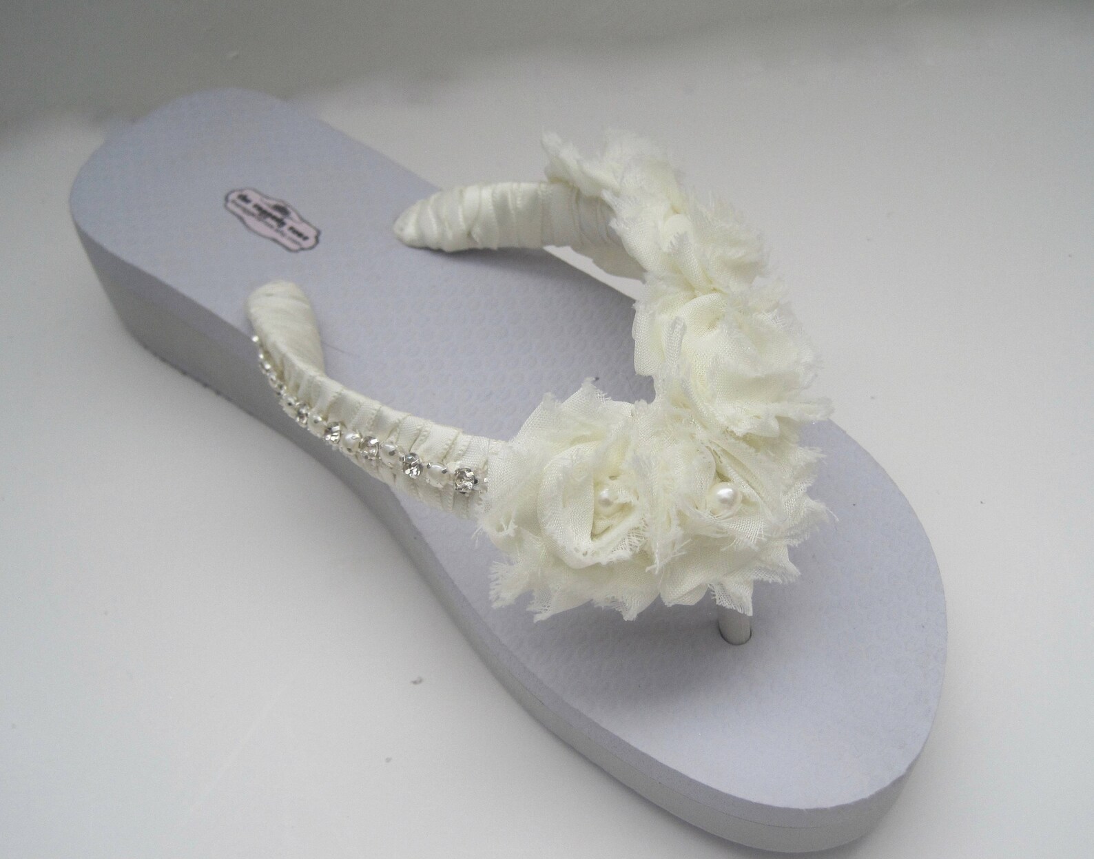 Flip Flops Bridal Wedding Ivory With Chiffon Flowers and Pearl | Etsy