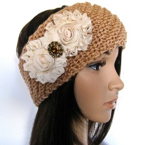 Brown Tan Knit Ear Warmer Headband Head Wrap Winter Hat With Chiffon ...