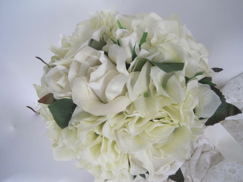 Bridal Bouquet Ivory Cream Roses and Hydrangea French Knotted | Etsy