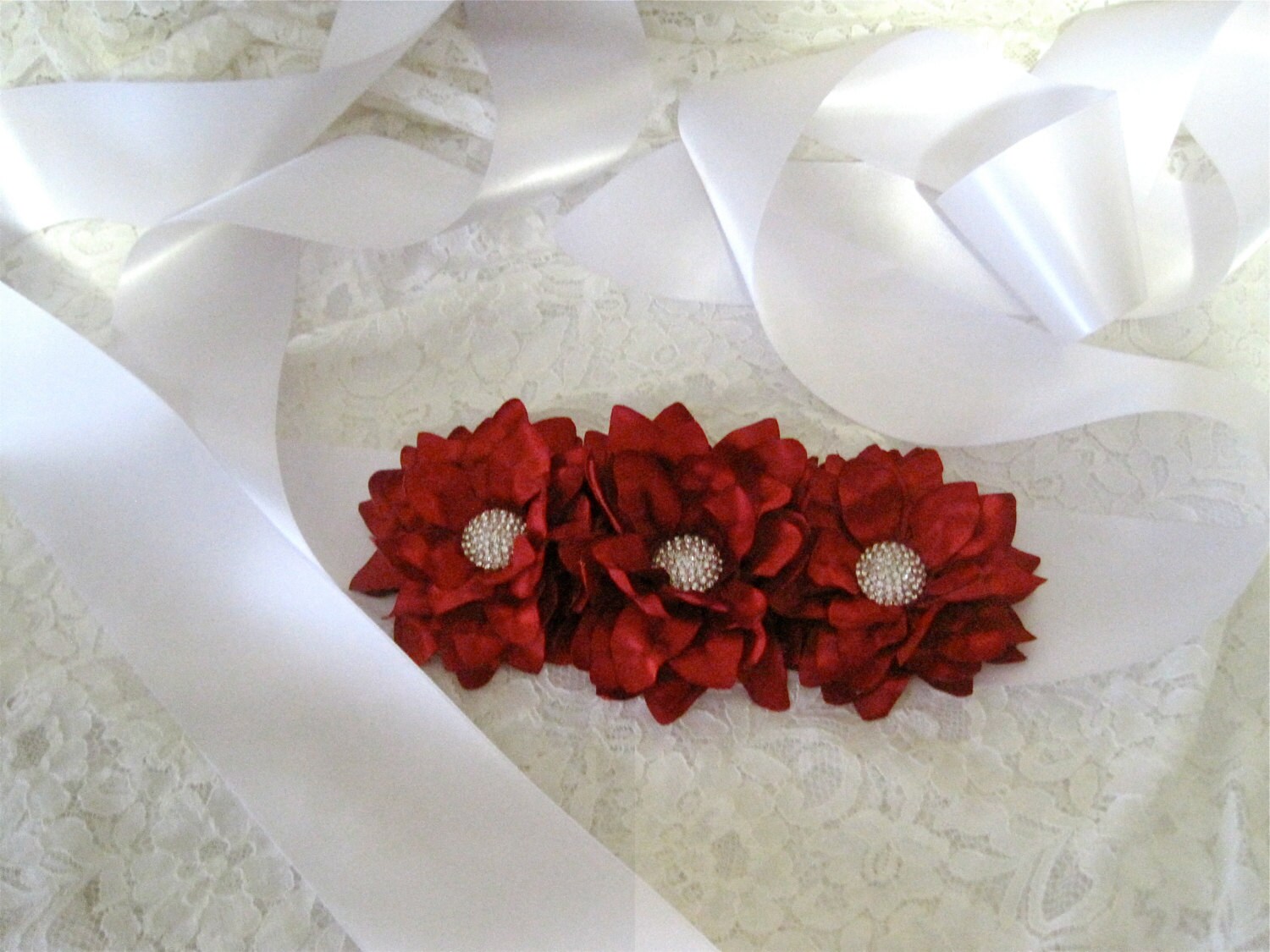 Red Flower Sash with White Three Inch Wide Satin Ribbon | Etsy