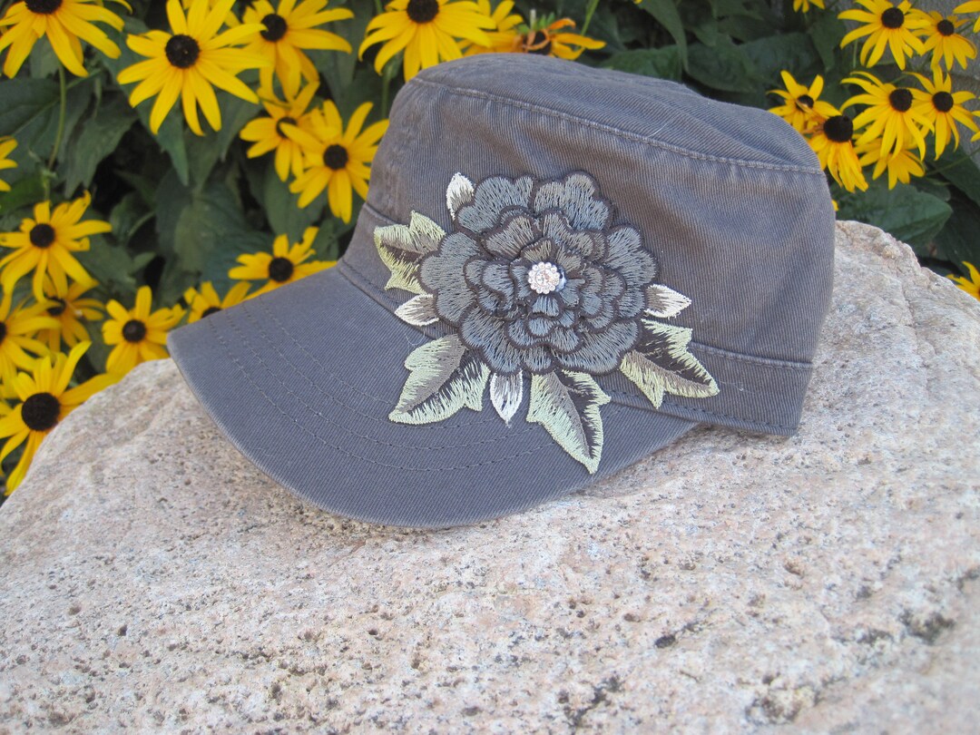 Womens Military Distressed Cadet Hat Grey Army Hat With Flower Appliqué ...