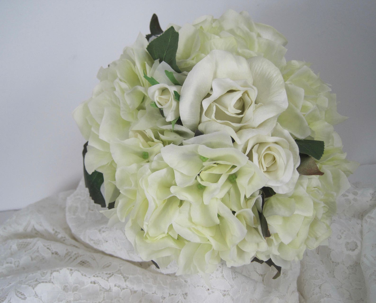 Bridal Bouquet Ivory Cream Roses and Hydrangea French Knotted | Etsy