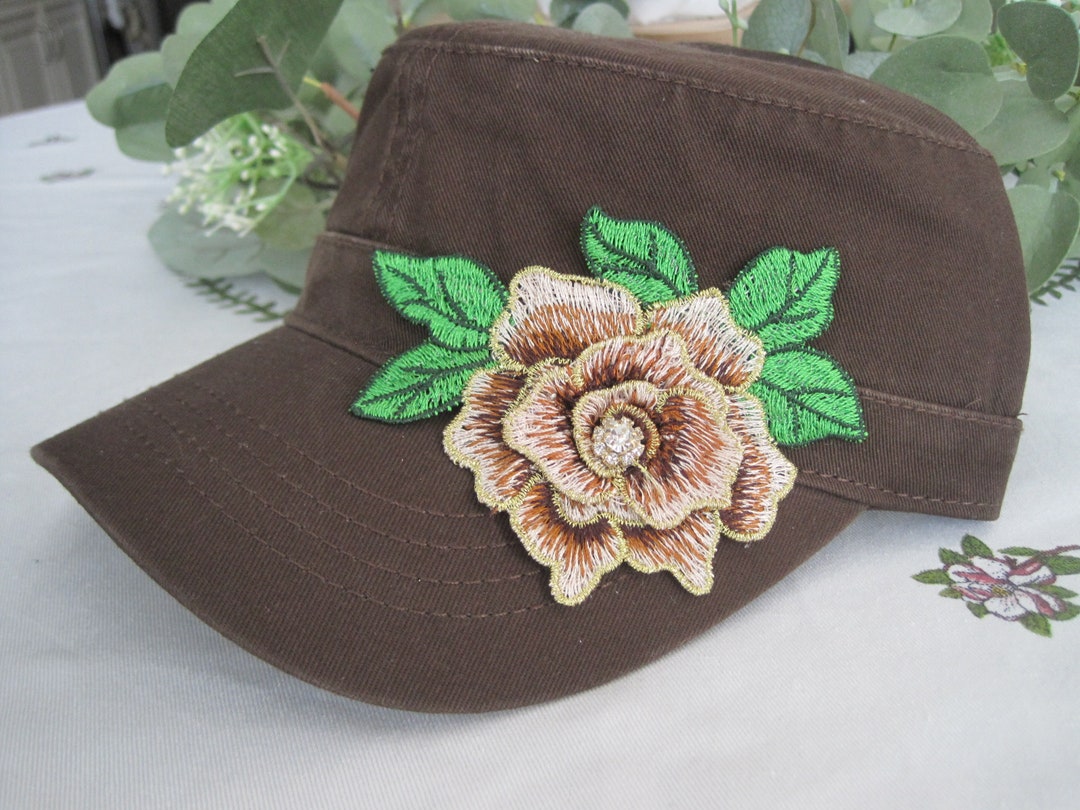 Cadet Hat Brown Military Cap Flower Applique Cadet Rhinestone Cadet ...