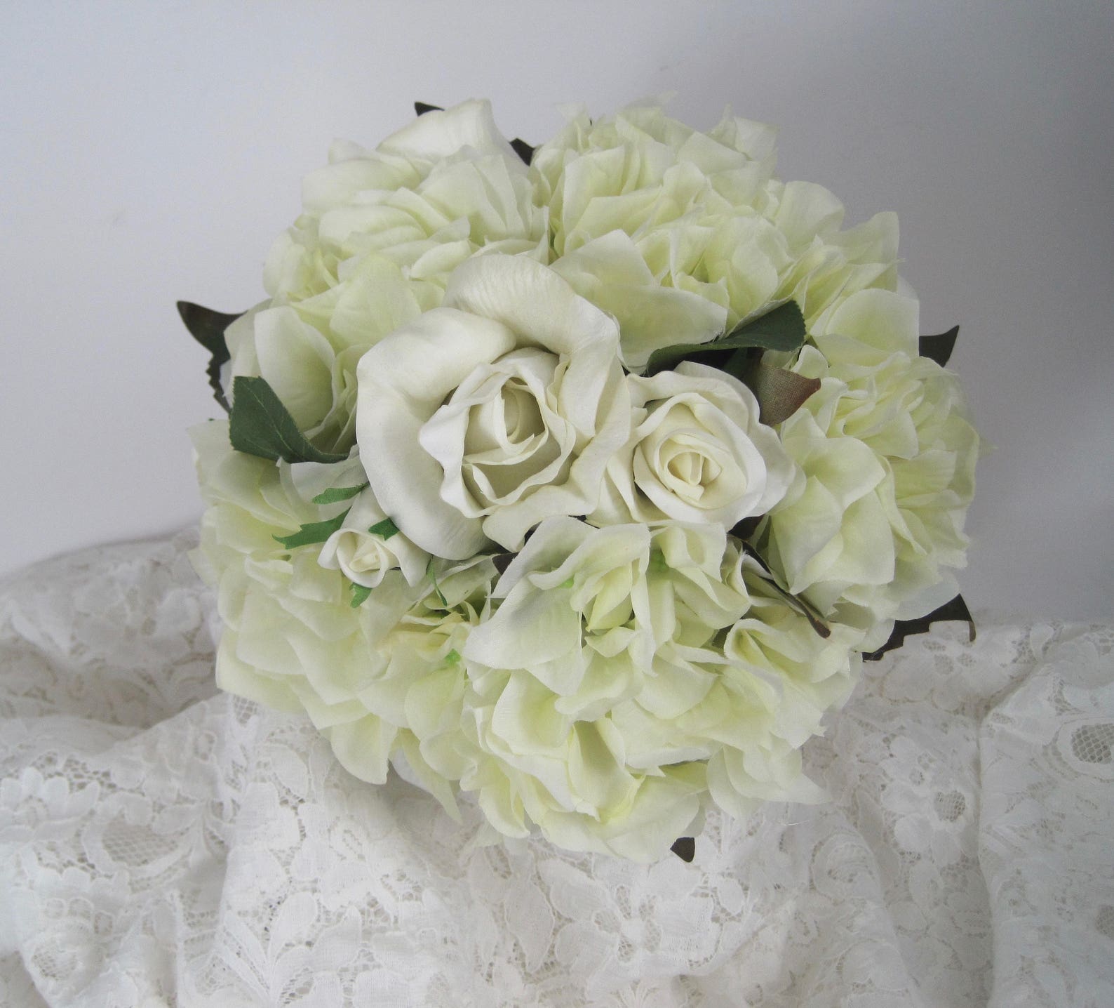 Bridal Bouquet Ivory Cream Roses and Hydrangea French Knotted | Etsy