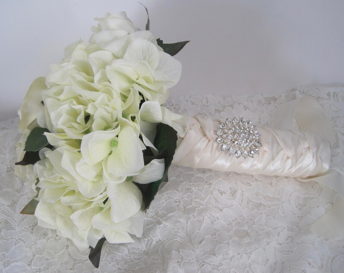 Bridal Bouquet Ivory Cream Roses and Hydrangea French Knotted - Etsy