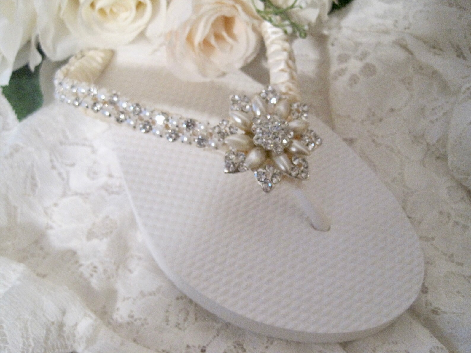 Flip Flops Bridal Wedding Ivory With Pearl and Rhinestone | Etsy