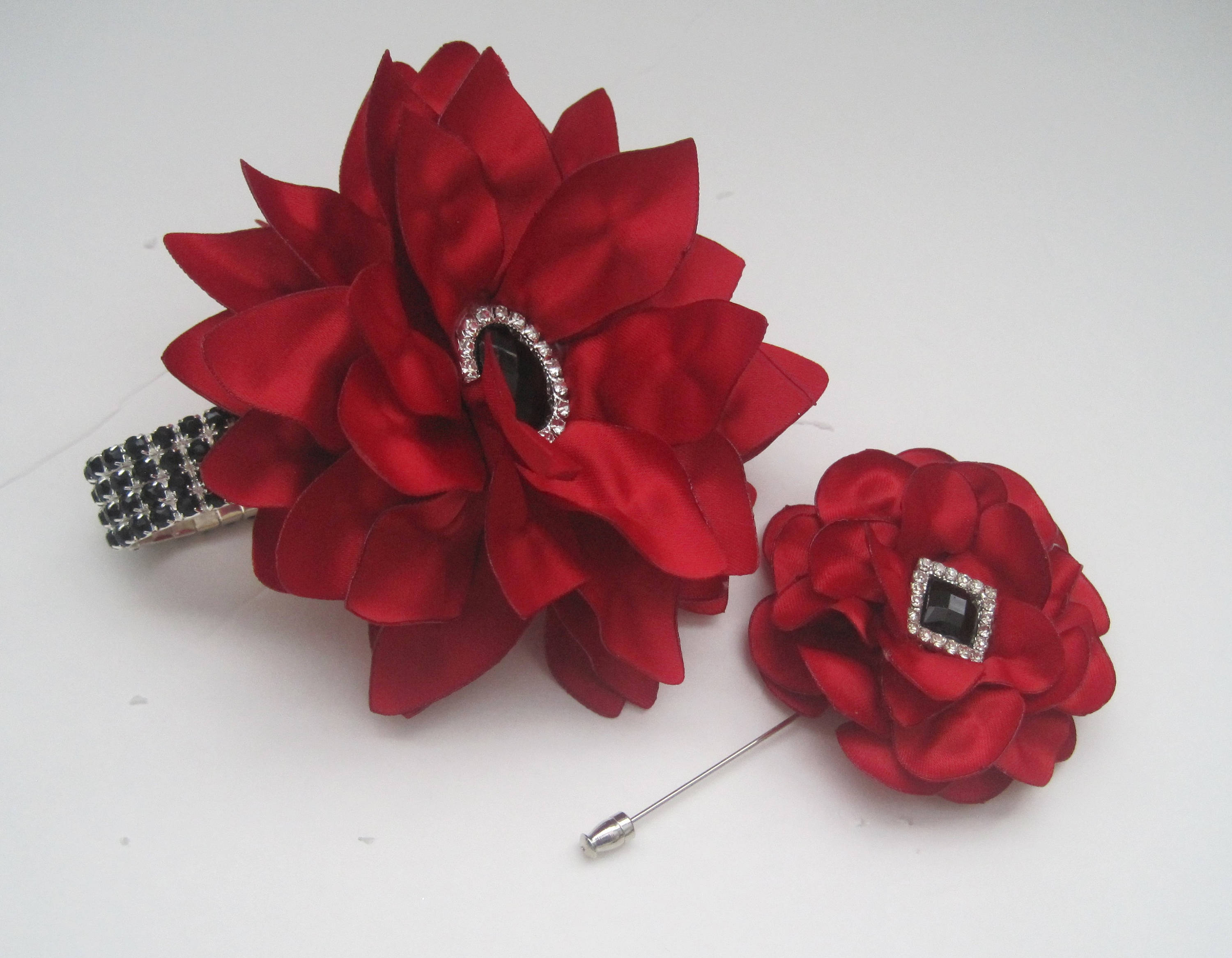 Red Satin with Black Rhinestone Wrist Corsage Flower Bracelet | Etsy
