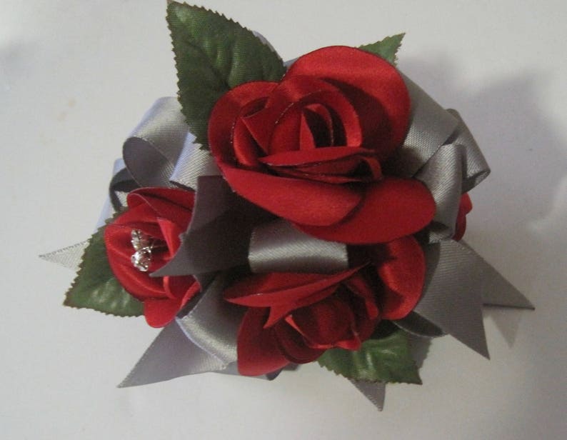 Red Satin Handmade Roses and Buds with Grey Pearl and | Etsy