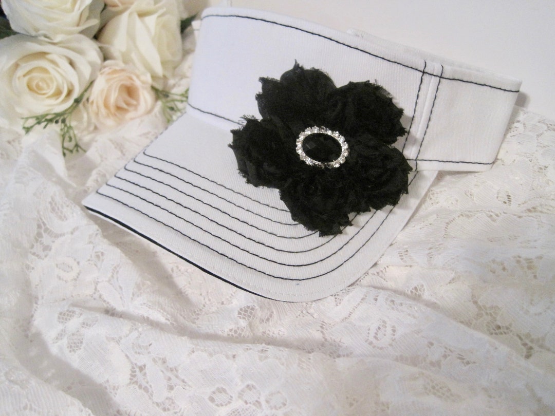 White Golf Visor: Black Flower Rhinestone Accent, Sun Hat - Etsy