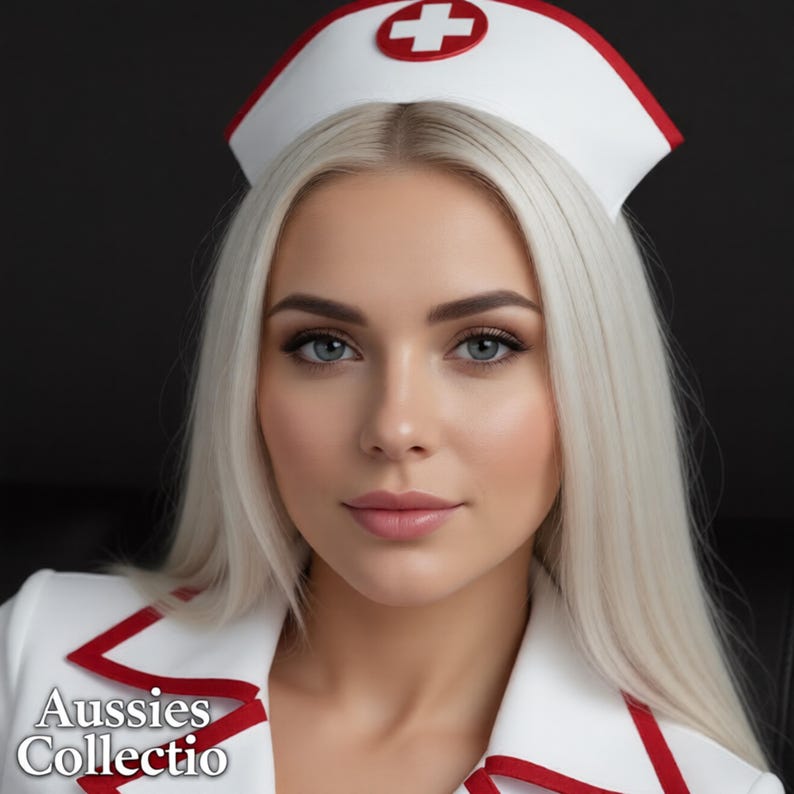 White Nurse Costume Set, Red Trim Dress, Hat, Panty, Cosplay Outfit ...