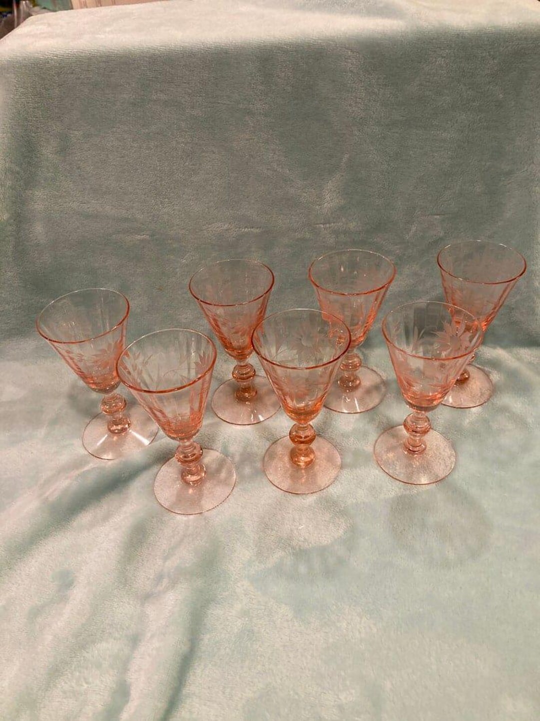Set of 7 Fry Depression Glass Etched Wine Goblets Rose Pink 3 Oz Root ...