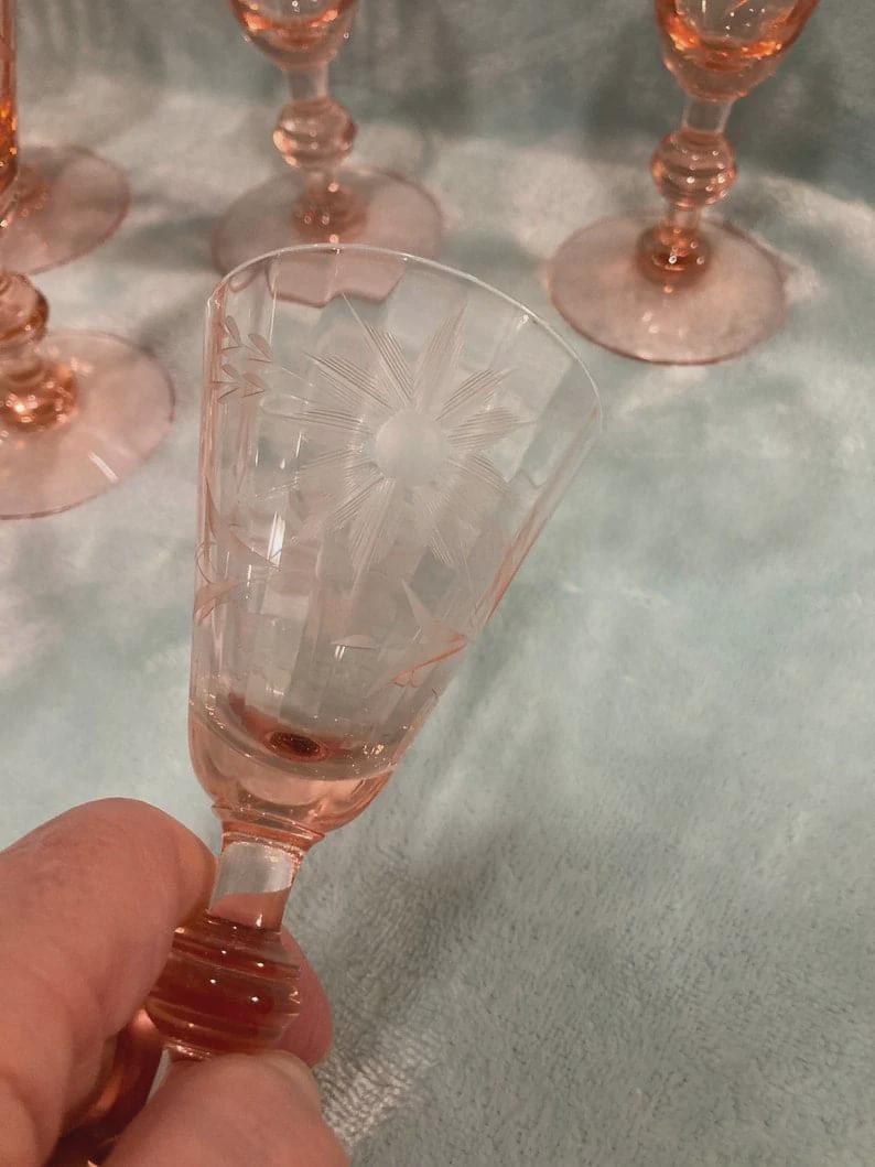 Set of 7 Fry Depression Glass Etched Wine Goblets Rose Pink 3 Oz Root ...