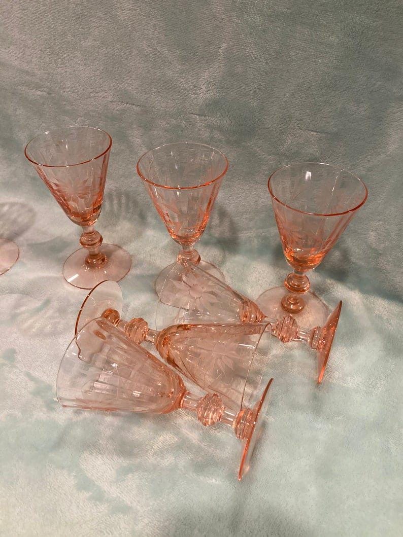 Set of 7 Fry Depression Glass Etched Wine Goblets Rose Pink 3 Oz Root ...