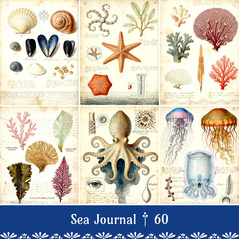 Sea Life Junk Journal Pages, Vintage Nautical Seashell Ephemera ...