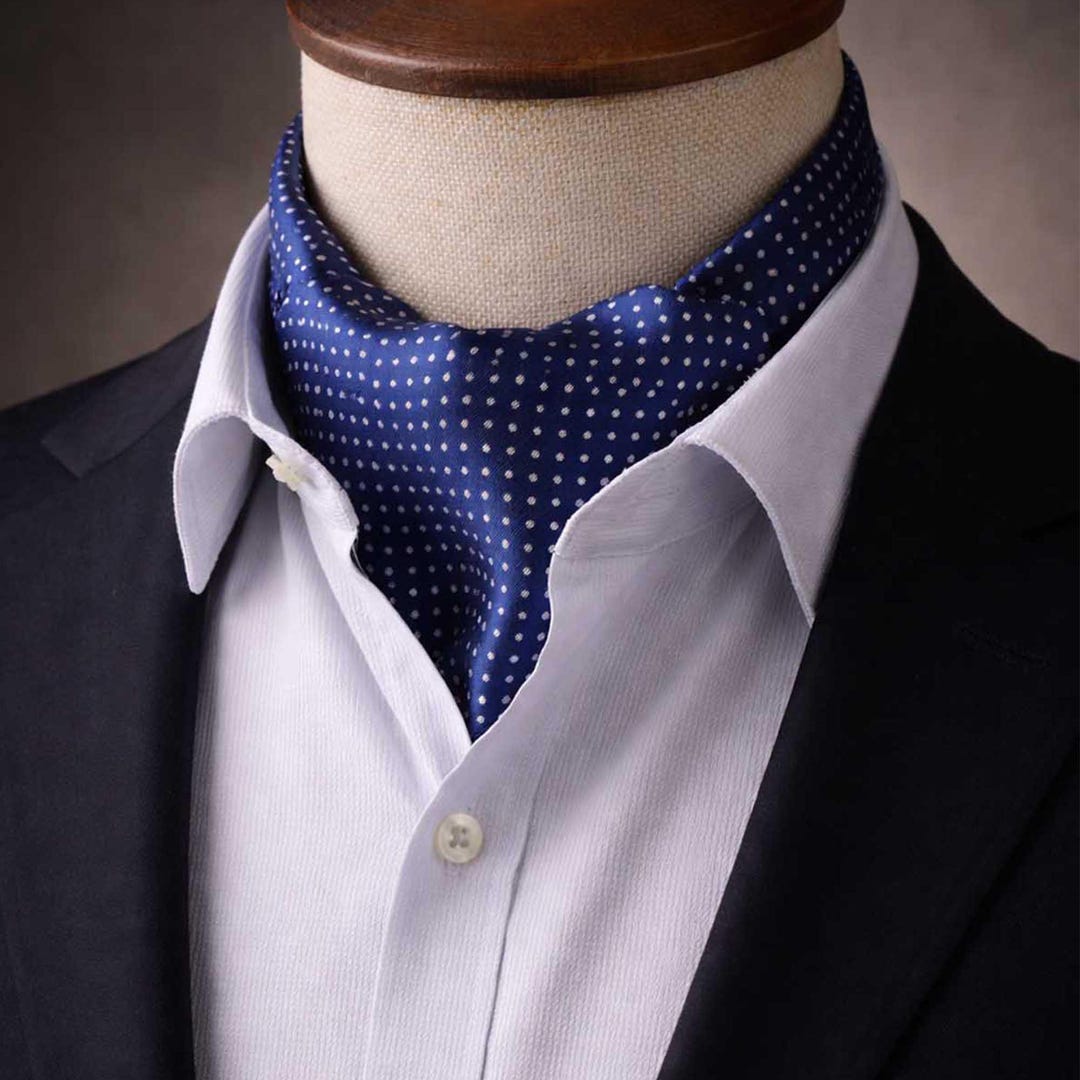 Navy Blue Polka Dot Italian Silk Ascot Tie, Formal Wedding Neckwear ...