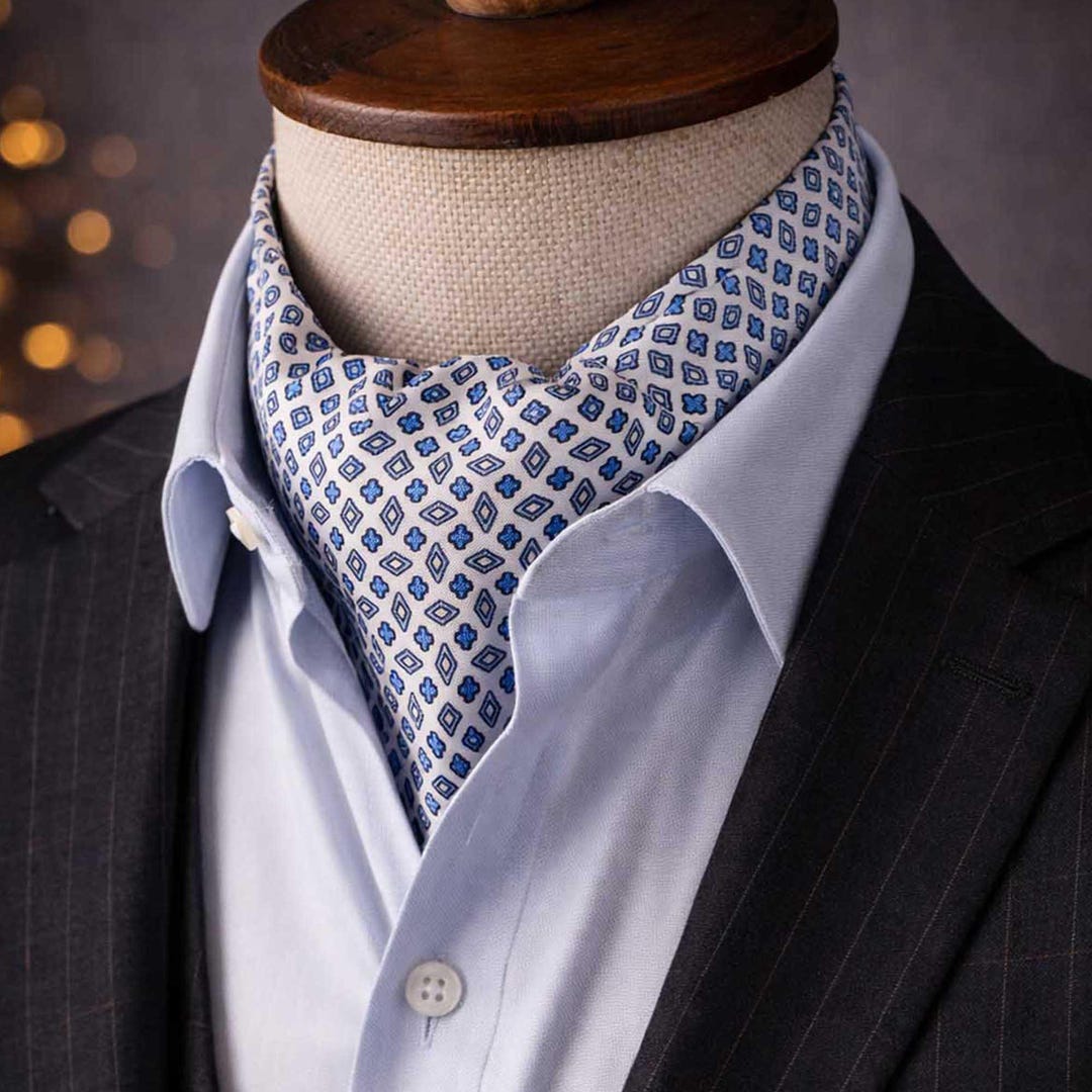 Italian Silk Ascot Tie for Men - White Blue Motif Neckwear - Etsy