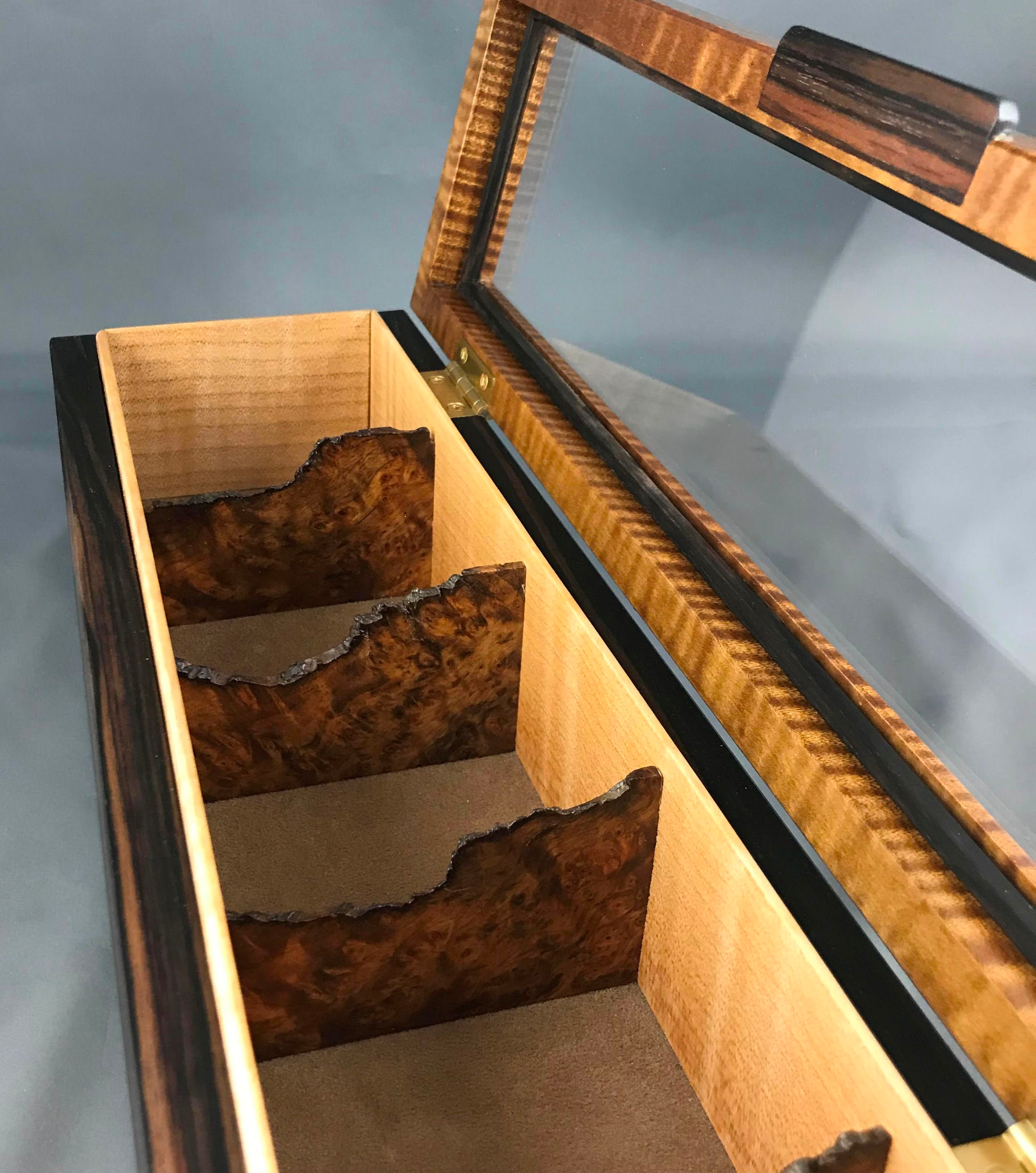Single Row Watch Box Roasted Curly Maple , Ebony and Brass Solid Hinges ...