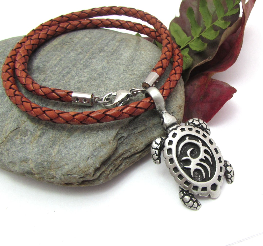 Tribal Turtle Necklace, Thick Leather Cord, Men's Large Sea Turtle ...