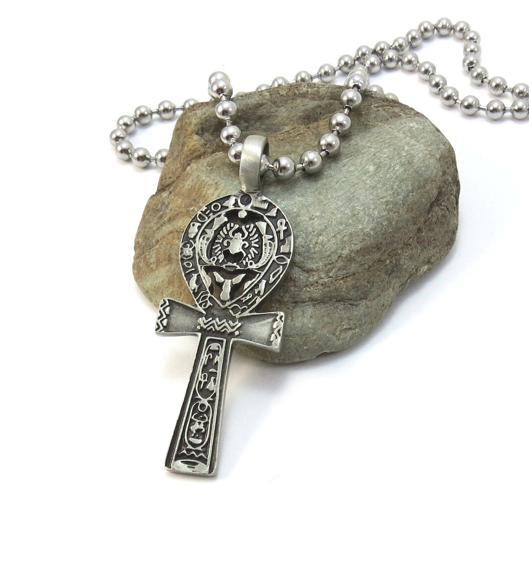 Men's Ankh Necklace, Large Stainless Steel Ball Chain - Egyptian ...