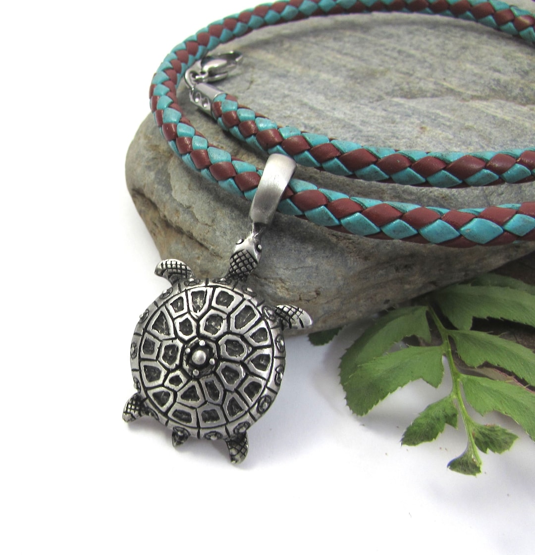Tribal Sea Turtle Necklace, Thick Leather Cord, Men's Sea Turtle ...