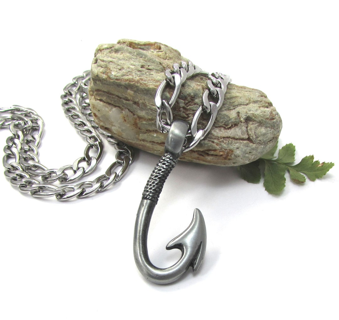 Devil's Tale Fish Hook Necklace - Men's Fishhook Pendant - Stainless ...
