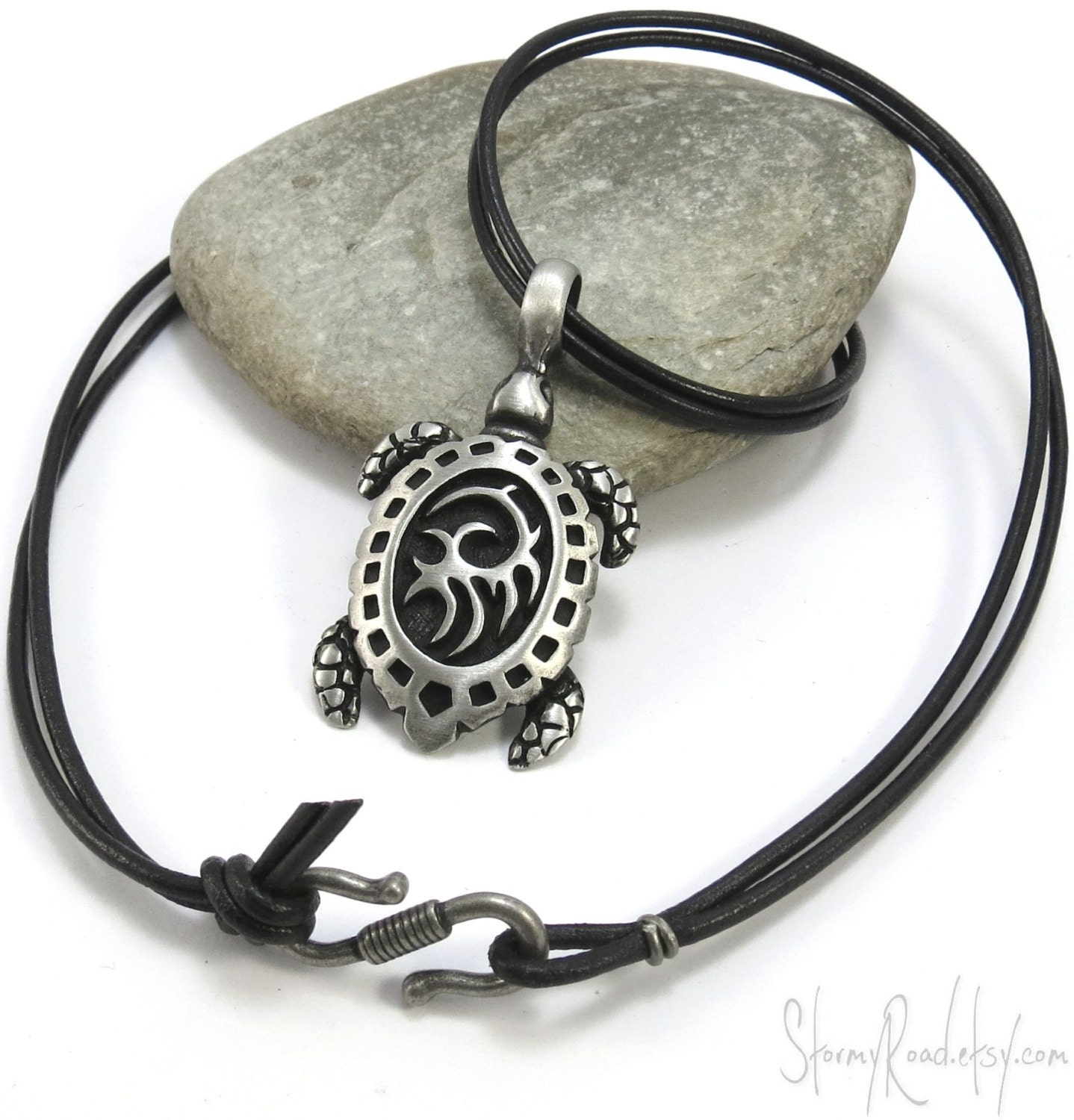 Tribal Sea Turtle Necklace - Antiqued Pewter Pendant, Leather Cord - Etsy
